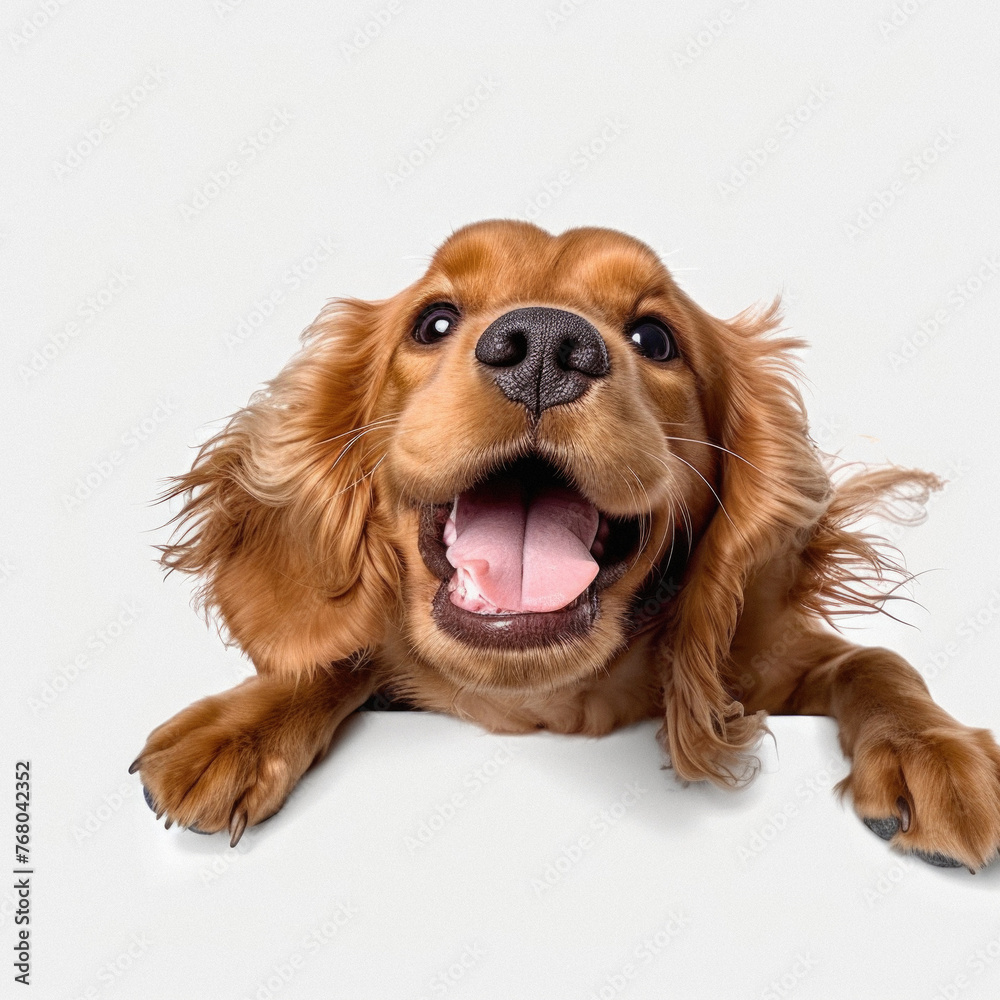 Cocker Spaniel dog peeking from behind a banner. isolated on white ...