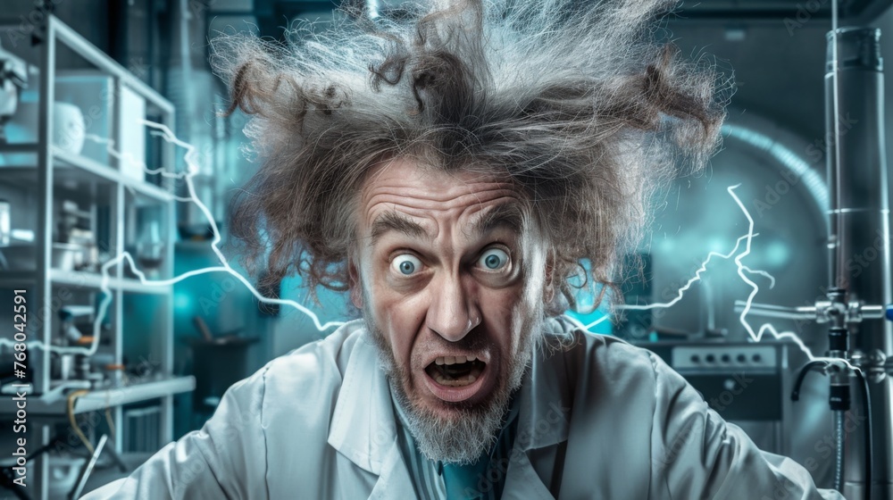 A character portrait of a mad scientist with wild hair and a lab coat ...