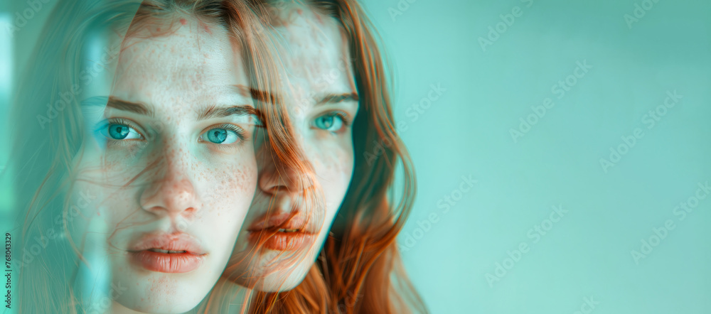 Two women with red hair are reflected in window. Split personality with ...