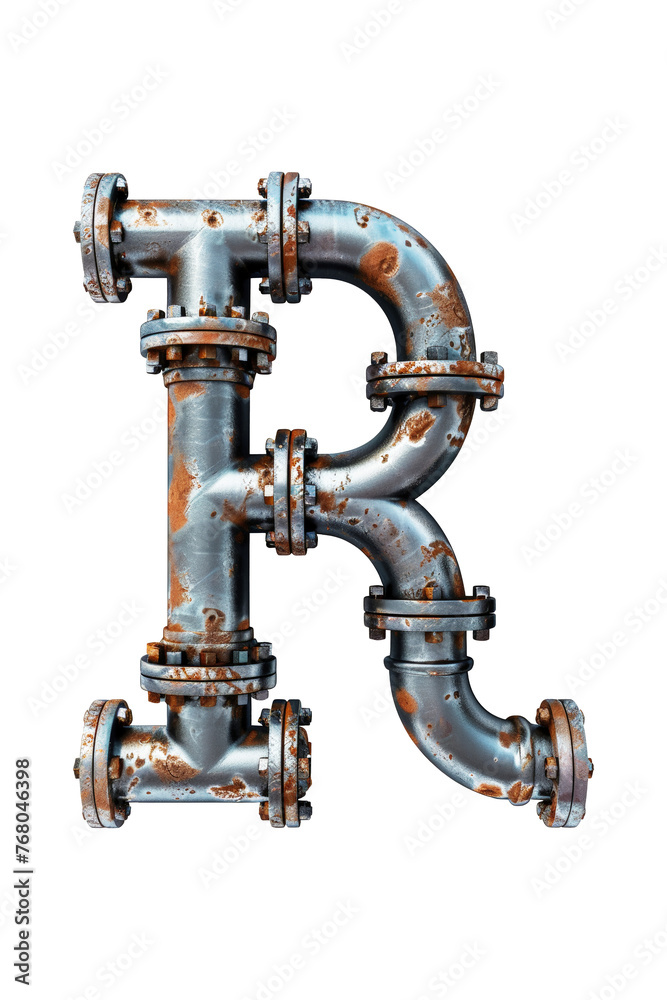 The letter R constructed using interconnected metal pipes, creating a ...