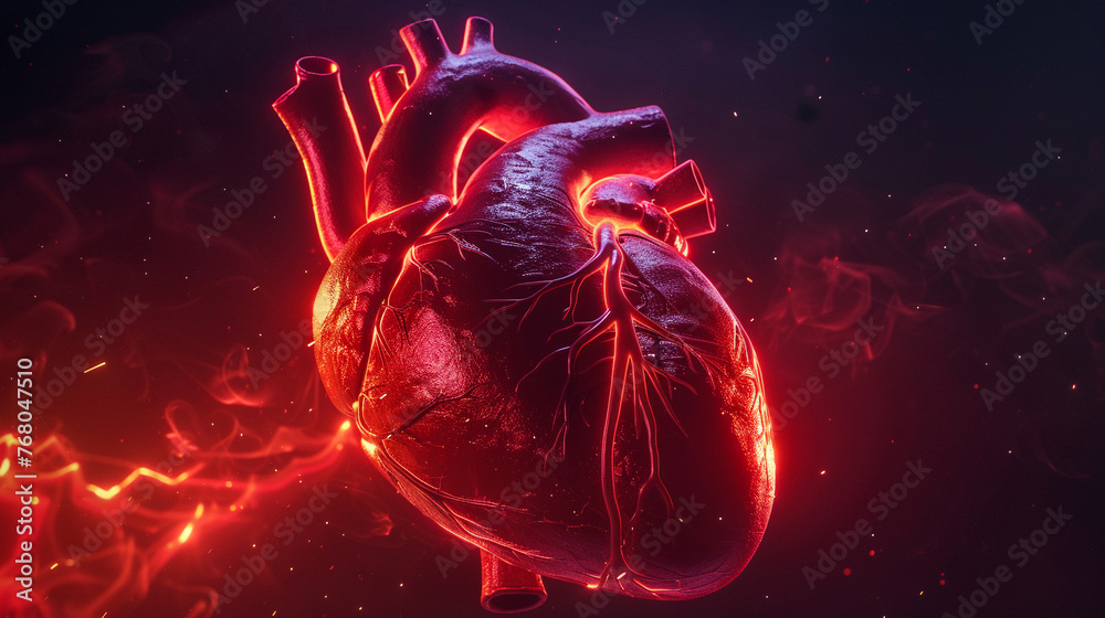 Hyper-realistic heart pumping oxygen, neon-lit arteries, dramatic ...