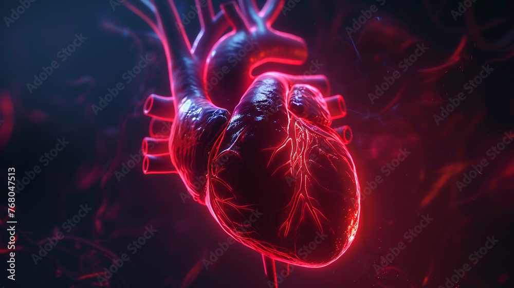 Hyper-realistic heart pumping oxygen, neon-lit arteries, dramatic ...