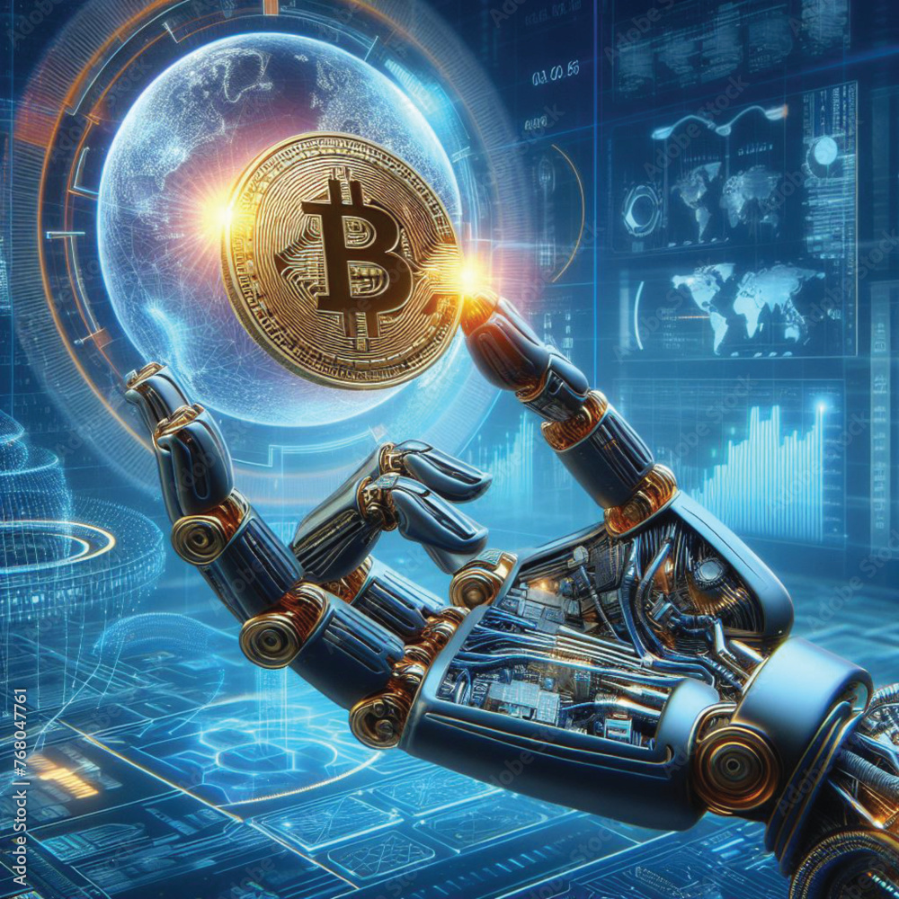 Metal robot hand holding Bitcoin coin, complex AI data and future world record About artificial ...