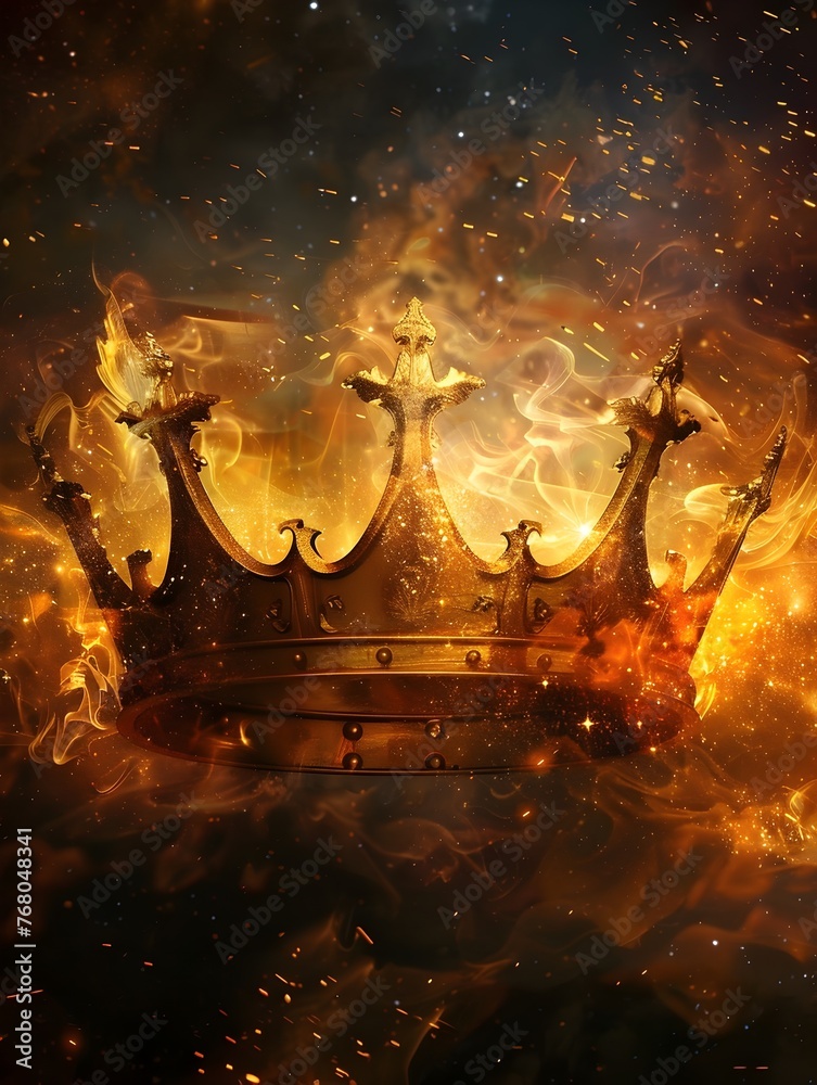 Fiery crown engulfed in flames and smoke - A majestic crown is consumed ...
