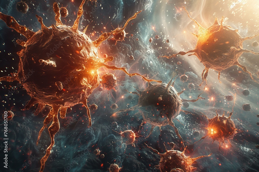 A creative depiction of immune cells as warriors in an epic battlefield ...