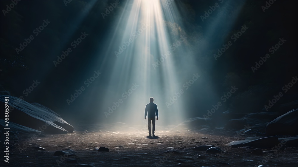 Man standing under celestial light rays - Mystical image of a man ...