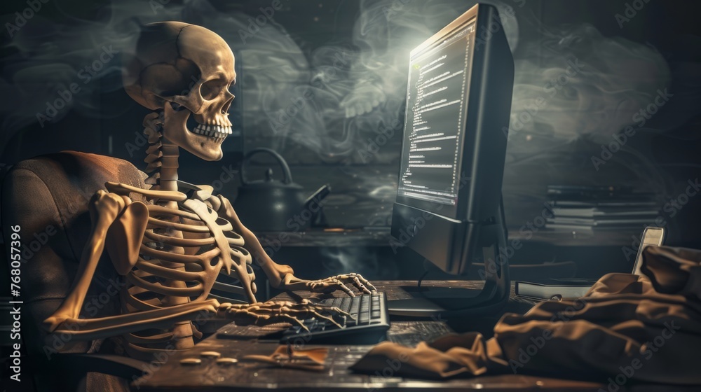 A human skeleton sitting on a chair and staring at a computer screen in ...