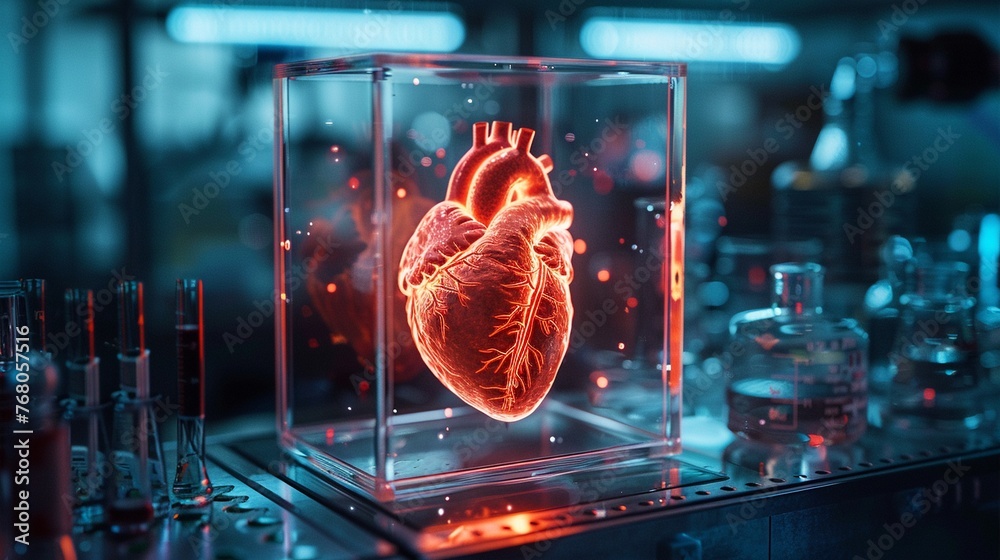 A simulated heart enclosed within a square glass box, pulsating with ...