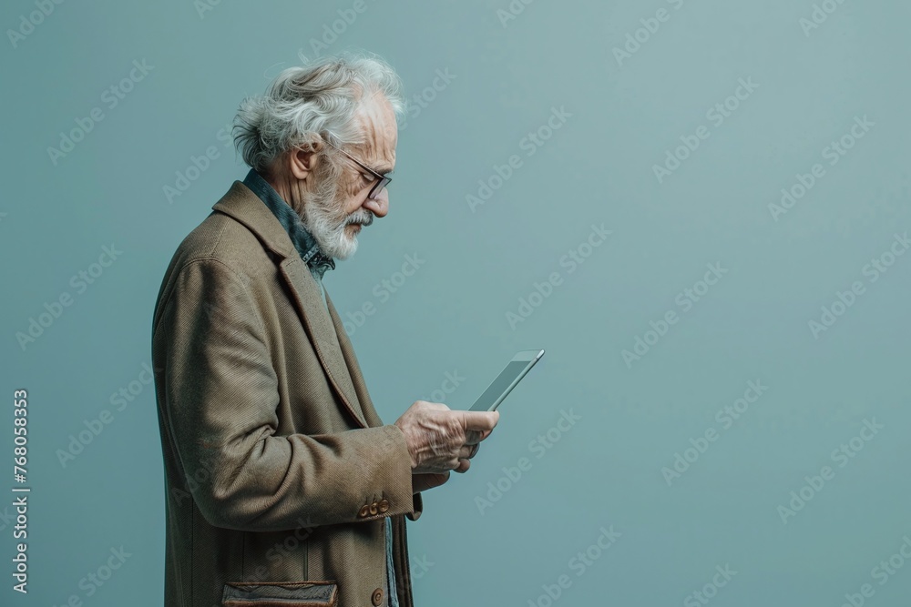 senior person with tablet, Elderly man with beard reading a tablet ...