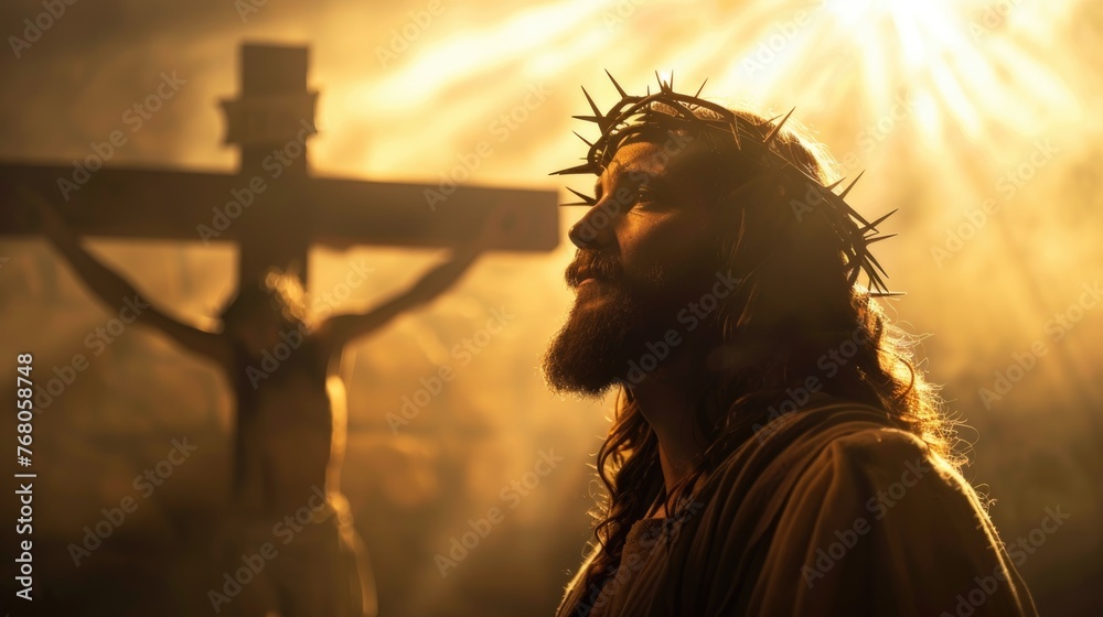 Jesus Christ standing resilient, with the cross behind Him enveloped in ...