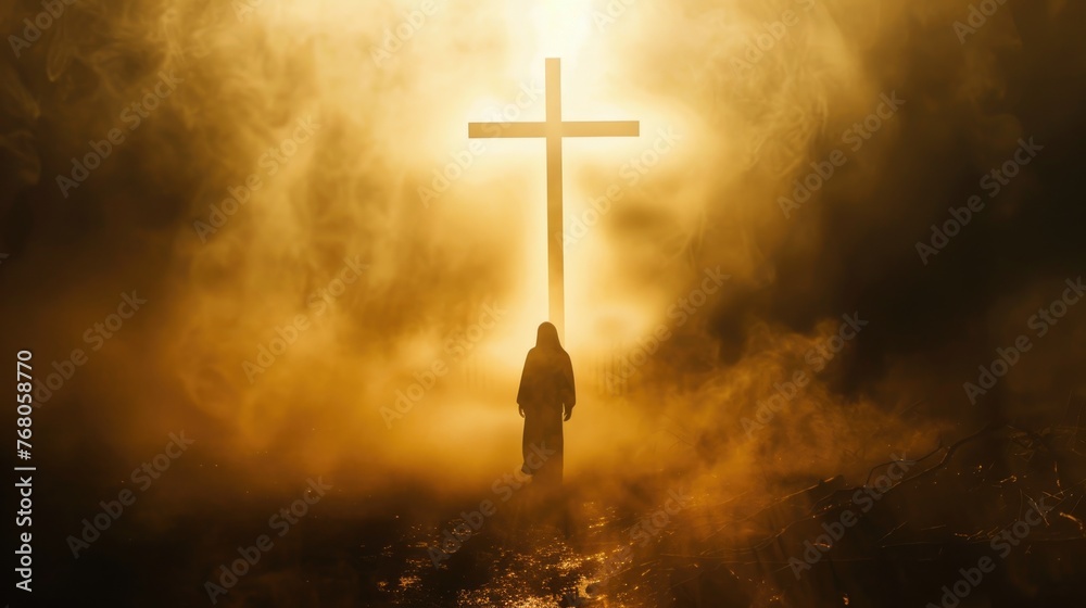 Jesus Christ standing resilient, with the cross behind Him enveloped in ...