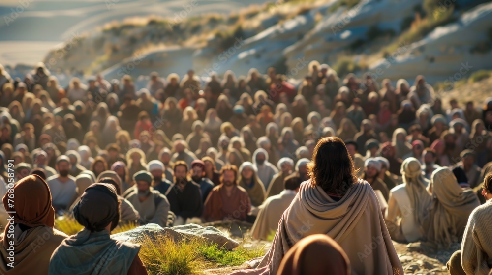 The Sermon on the Mount, Jesus teaching, a multitude captivated by His ...
