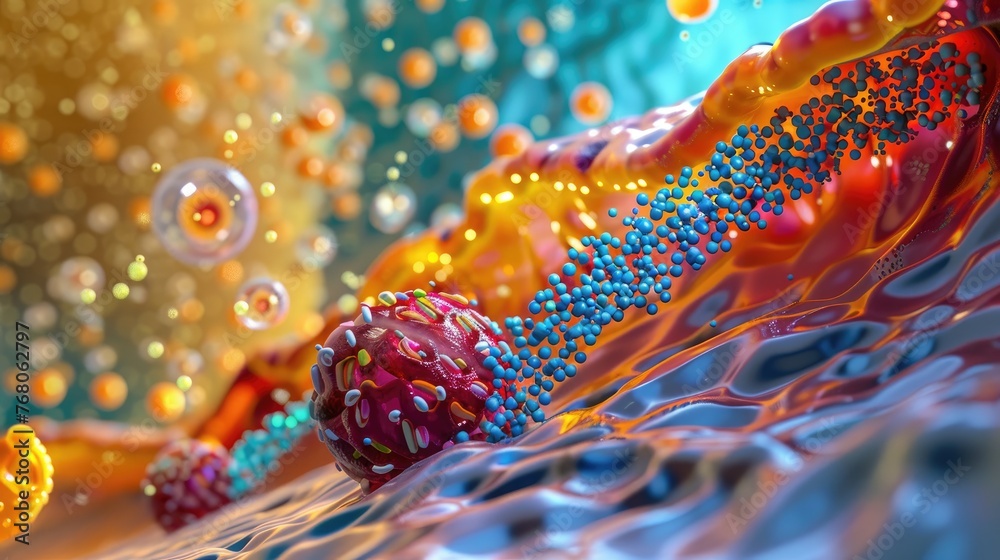 A detailed illustration of a nanoscale drug delivery system navigating through the human body to ...
