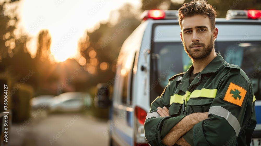 Paramedic in reflective uniform with sunset-lit ambulance background ...