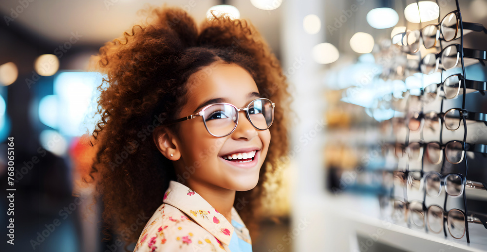 Young smiling girl tries on new glasses in optical store. Eyeglass ...