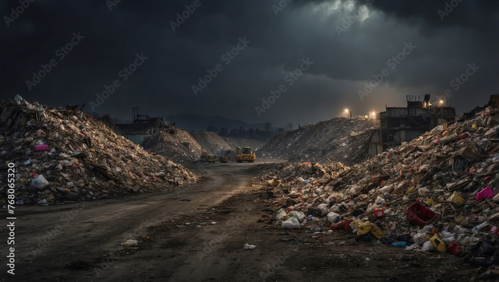 Landfill. Mountains of garbage. Dark sky background. Bulldozers in the ...