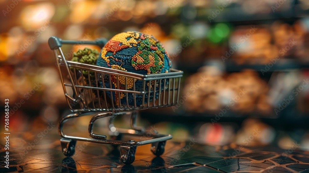 A beaded representation of the Earth sits inside a miniature shopping ...