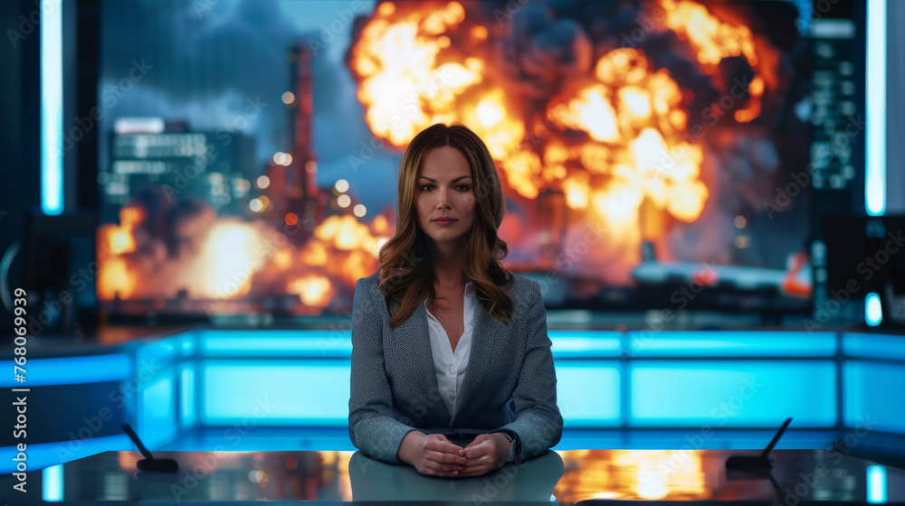 News Anchor Reporting on Industrial Catastrophe, A composed news anchor ...