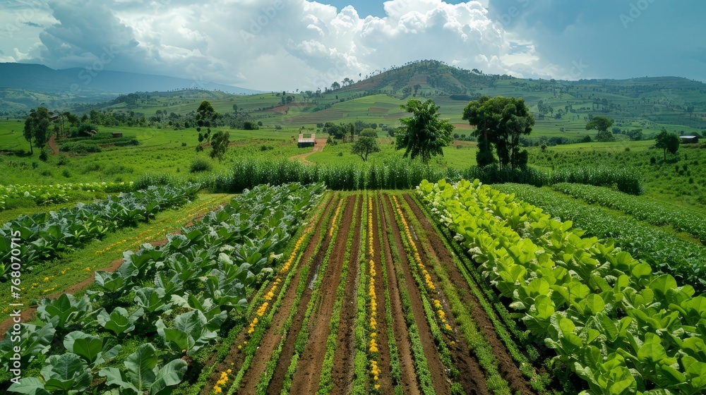 Rows of diverse crops flourish in a fertile valley, nestled among ...