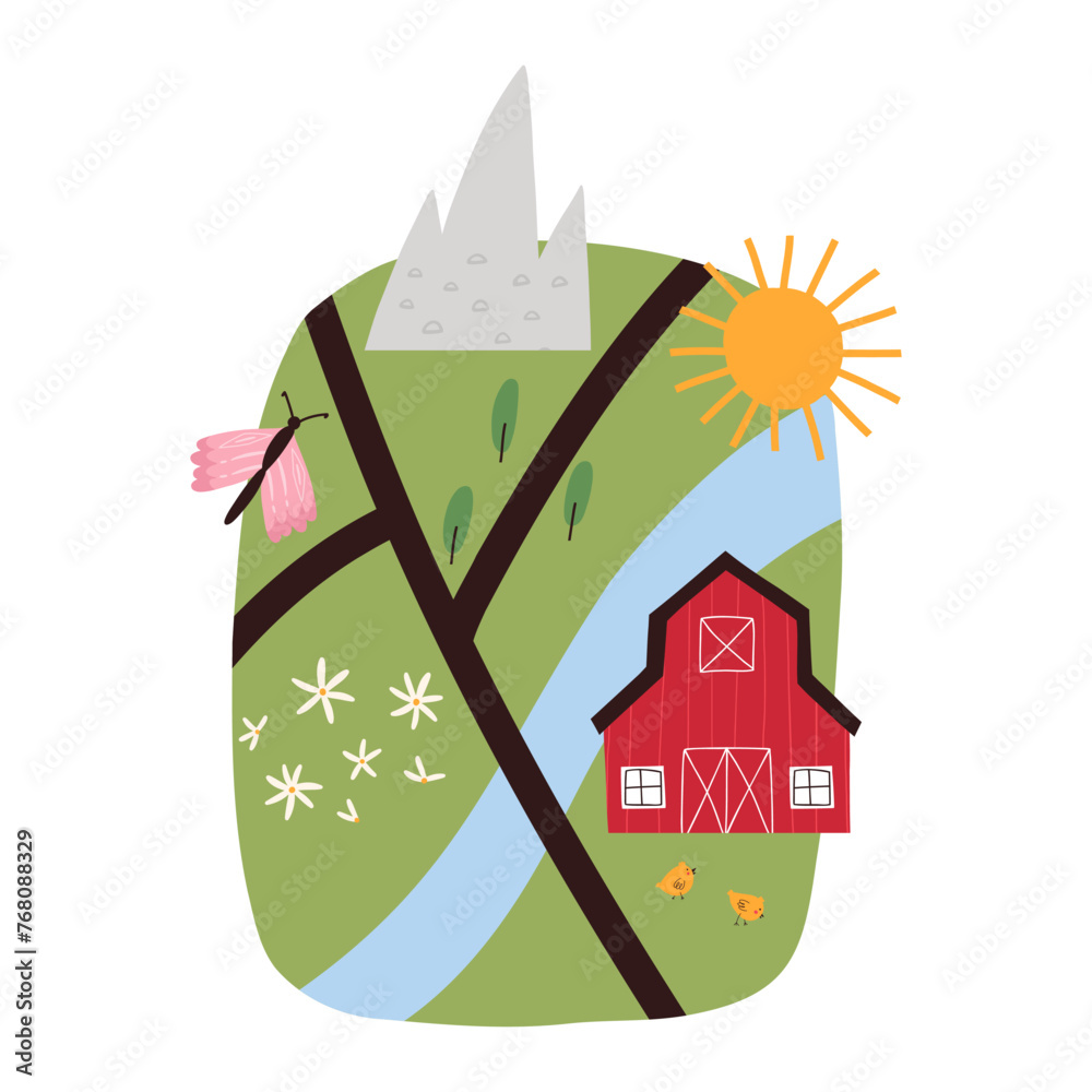Cute map with farm barn, river, flowers and sun - cartoon flat vector ...