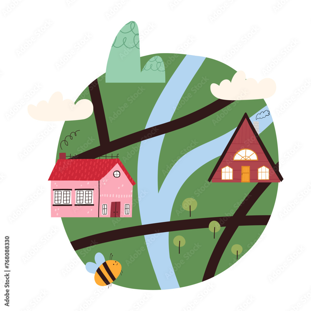 Cute childish map of village with houses, road and river, cartoon flat ...