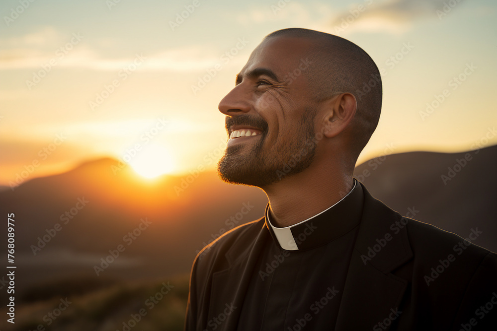 Generative AI picture of praying young priest looking up clear sly have ...