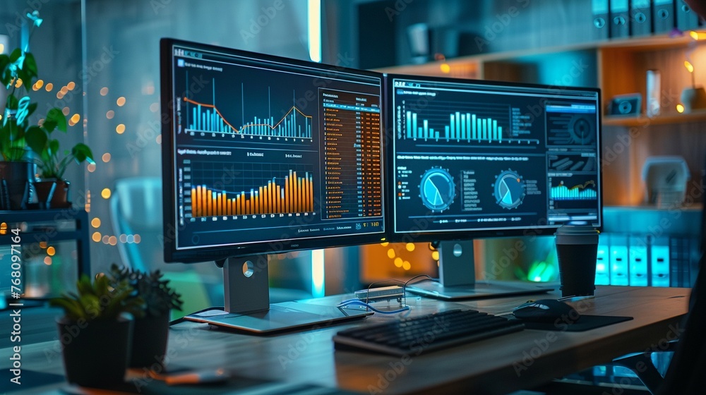 Sleek workstation with dual monitors showcasing vibrant data analysis ...