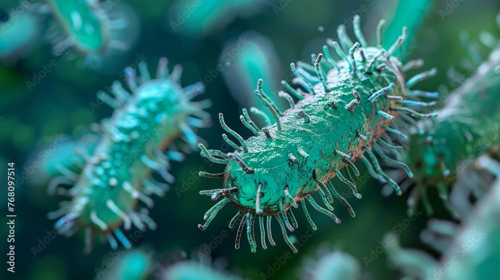 Cluster of bacteria cells, green tint, under a microscope, high ...