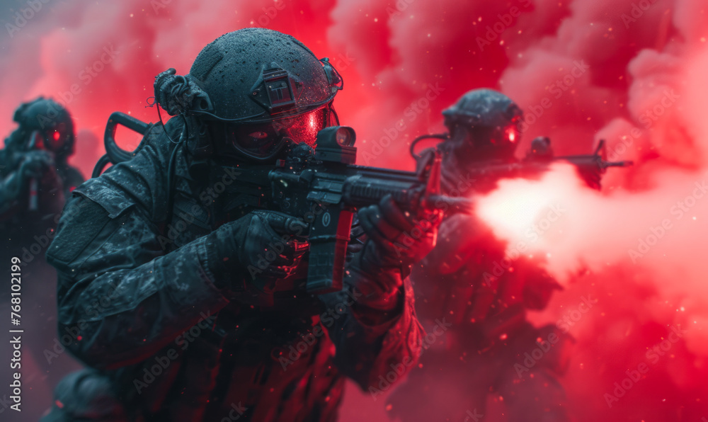 Spec ops police officers SWAT in black uniforms holding machine guns ...