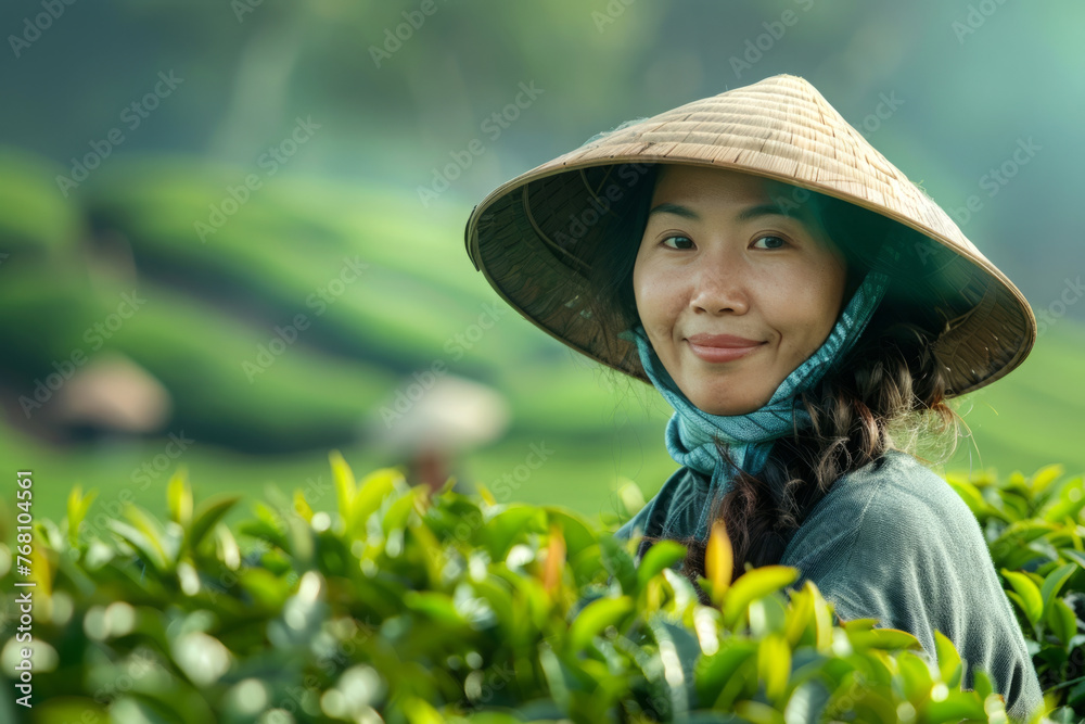 Asian woman works as a tea picker on plantations. Stock Photo | Adobe Stock