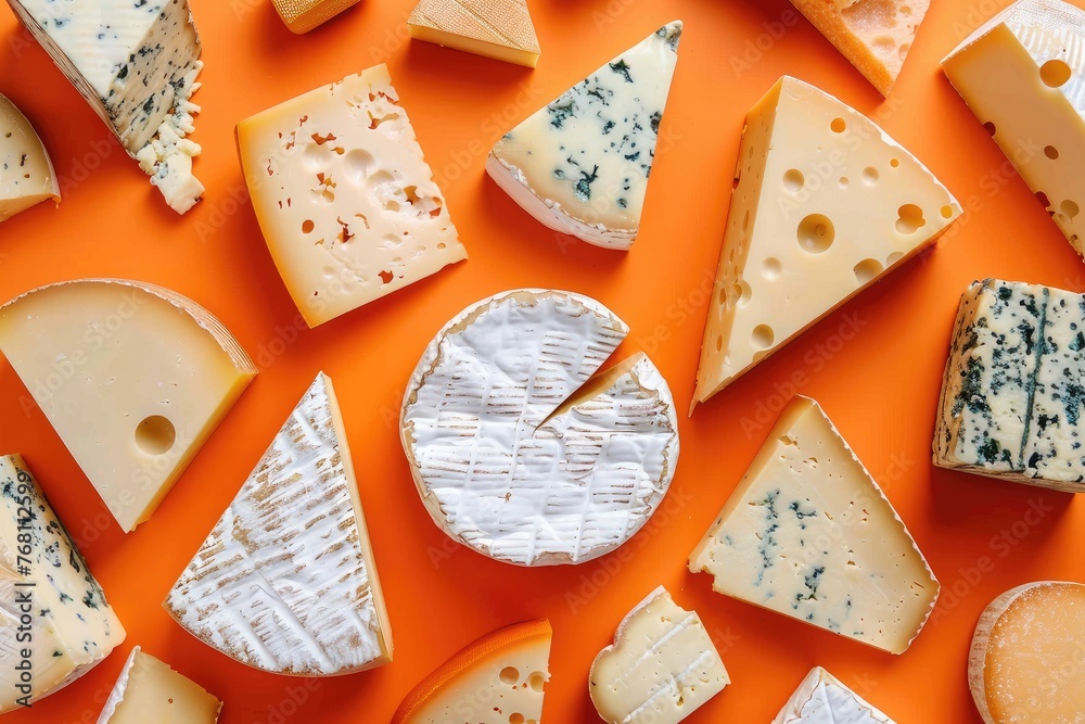 A set of cheeses on an orange background. Various types of cheese ...