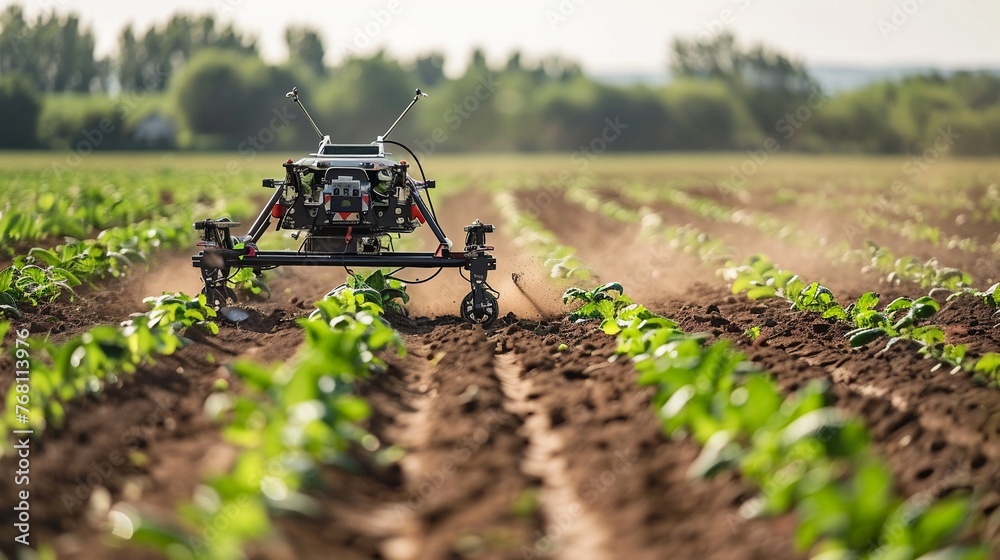 Industrial robot, highspeed seed planting, action shot, fertile land ...