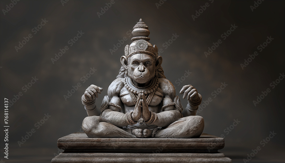 Statue of Hindu god Hanuman in meditating position. Temple scenery ...