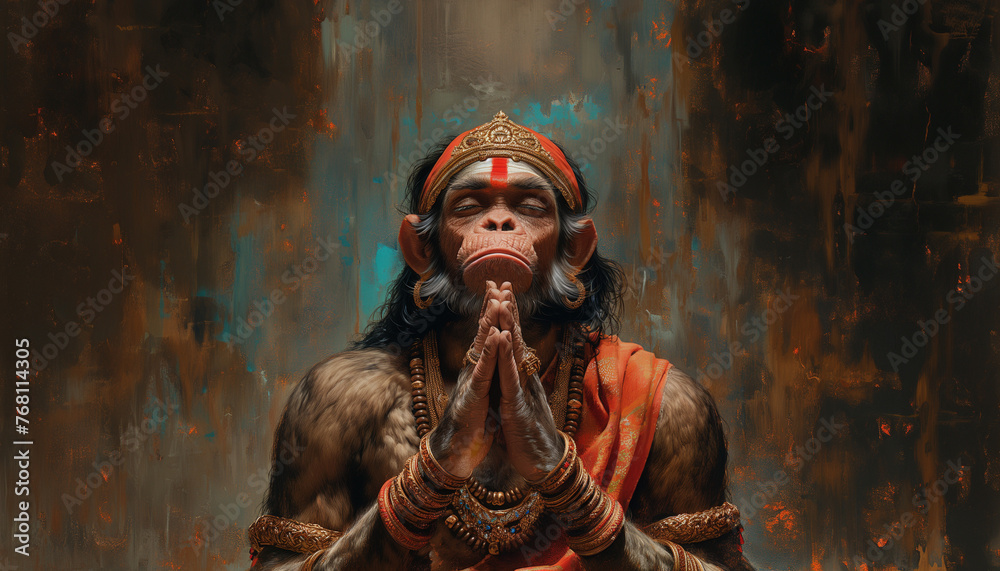 Hindu god Hanuman in meditating pose. Temple scenery Stock Illustration ...