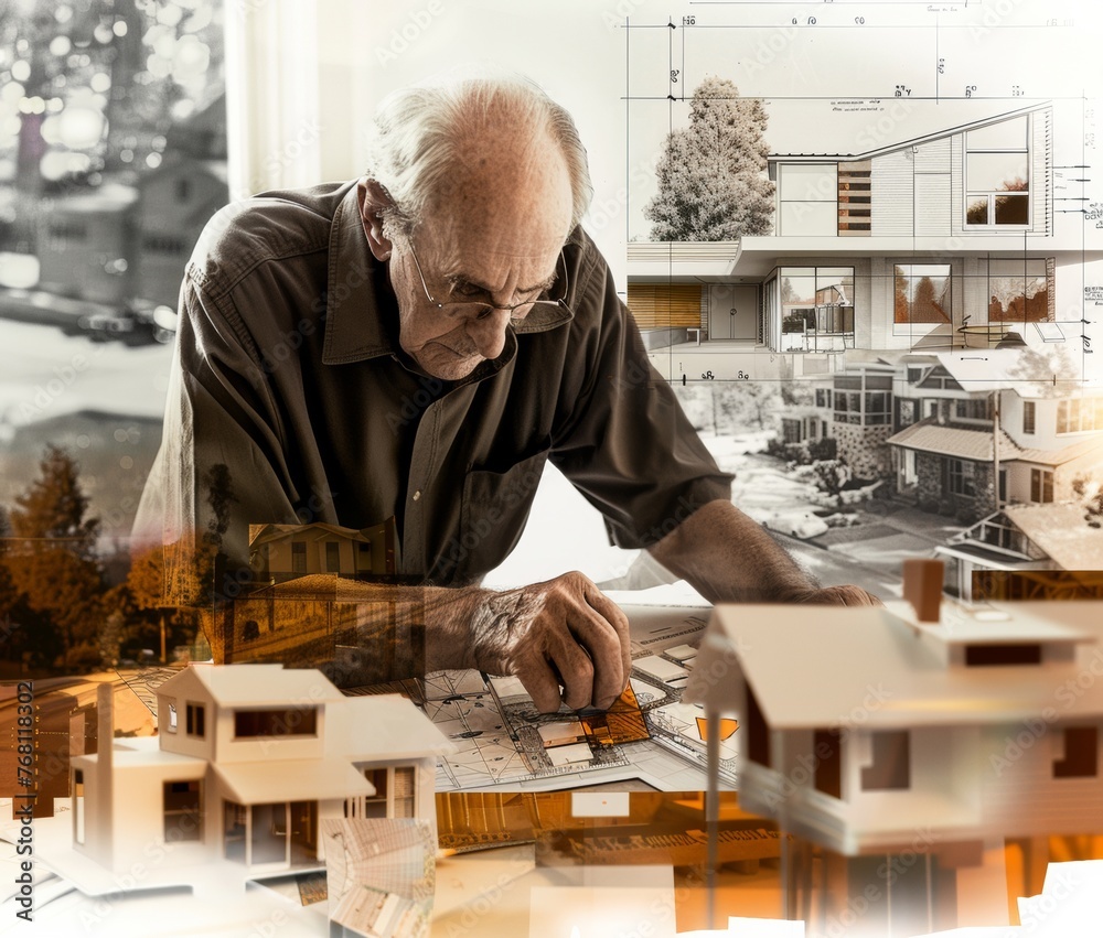 Visionary architect engrossed in designing a modular housing model with ...