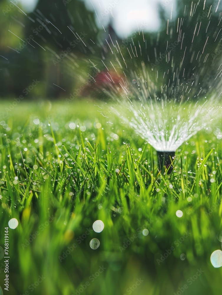 Water sprinkler spraying droplets on a vibrant green lawn with sunflare ...