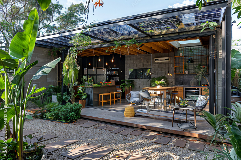 An eco-friendly terrace design incorporating recycled materials and ...