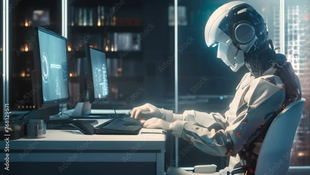 3d rendering humanoid robot working on computer in dark office at night ...