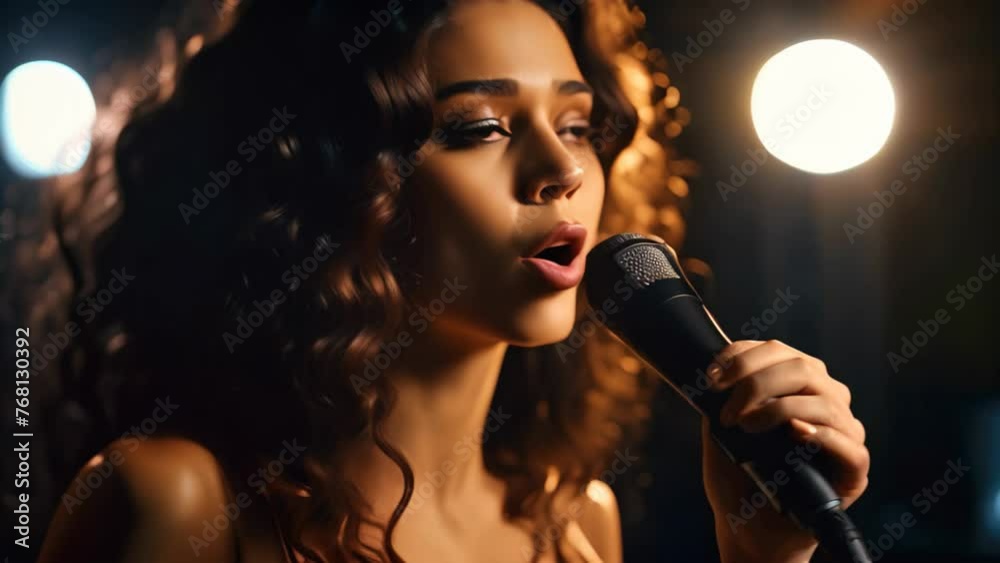 Vidéo Stock Beautiful young woman singing with microphone in dark room ...