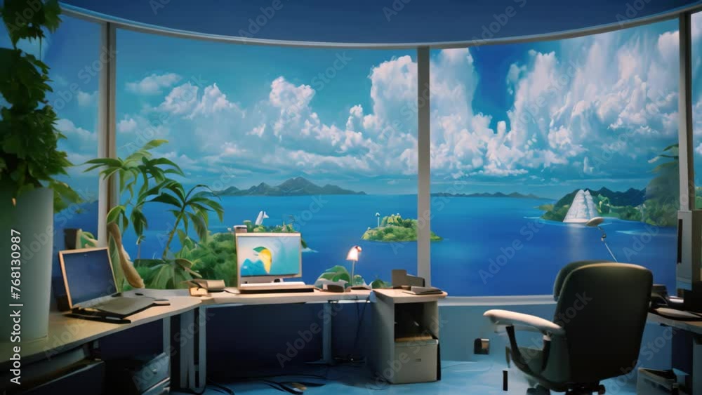 Contemporary office interior with panoramic view of the sea and islands ...