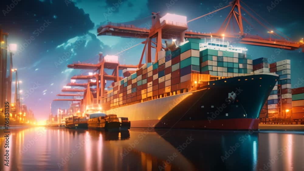 Container ship in the sea at sunset. 3d render illustration, A ...