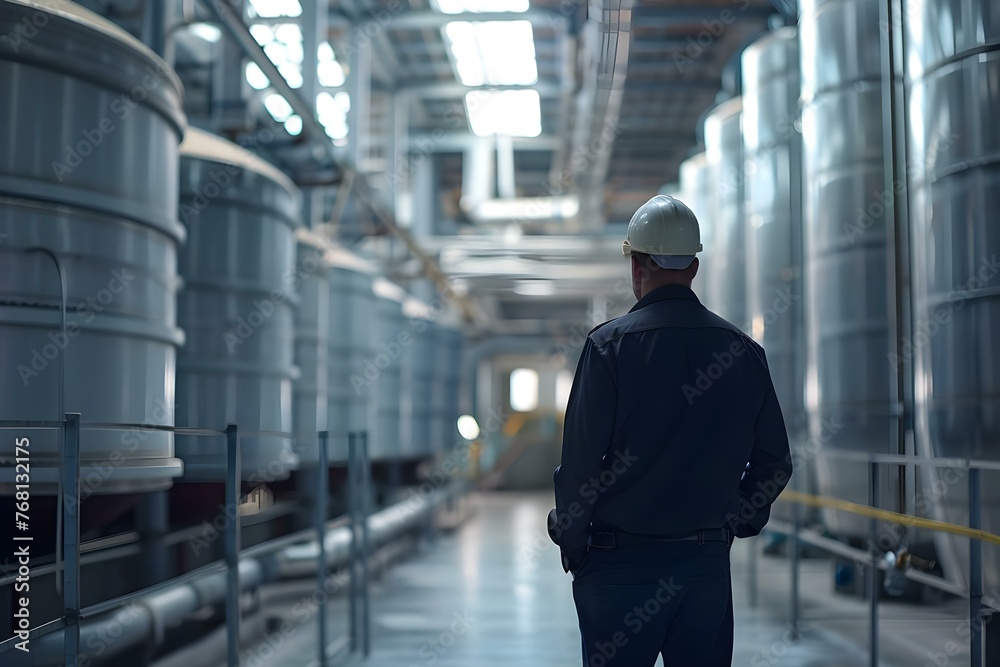 Engineer inspecting industrial cooling tower for HVAC system in large ...