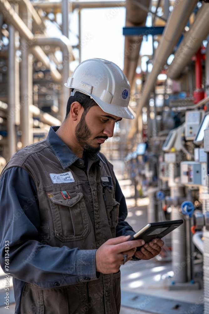 Middle eastern engineer with tablet at oil refinery site with storage ...