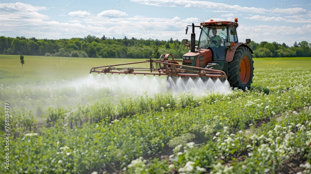 Crop care: Tractor sprays pesticides in springtime field. Vital ...