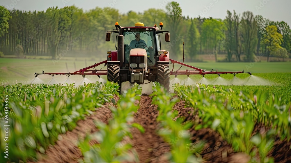 Crop care: Tractor sprays pesticides in springtime field. Vital ...