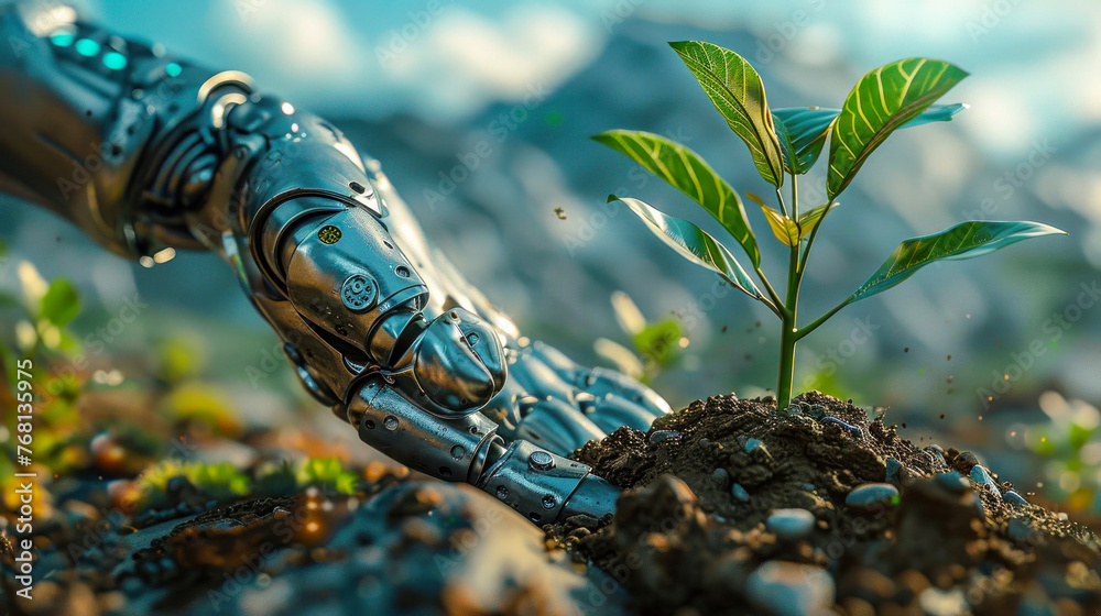 This image captures the moment a robotic hand engages in planting a ...