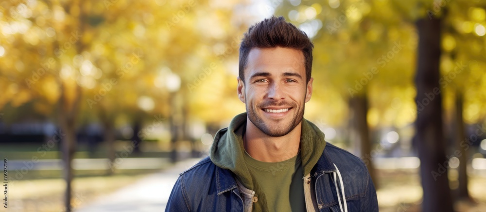 A handsome, friendly young man with a beard wearing a leather jacket is ...