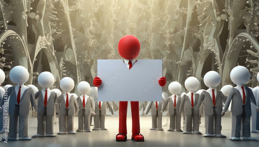 3D illustration of a red stick figure showing a white piece of paper to ...