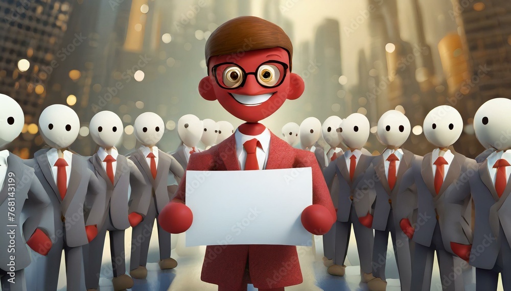 3D illustration of a red stick figure showing a white piece of paper to ...