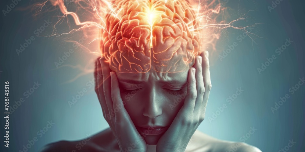 woman with a glowing brain in pain. Hands holding human head, attention ...